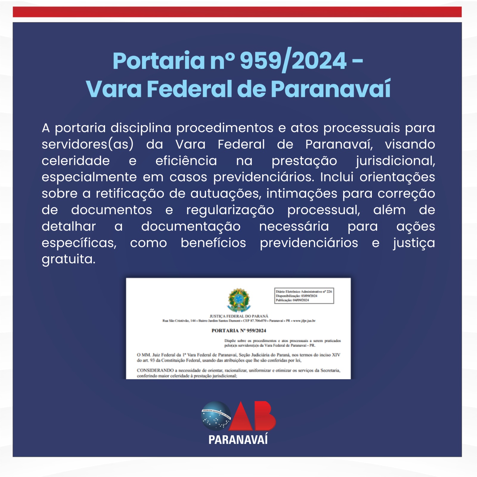 Portaria nº 959/2024 - Vara Federal de Paranavaí - PR - OAB Paranavaí